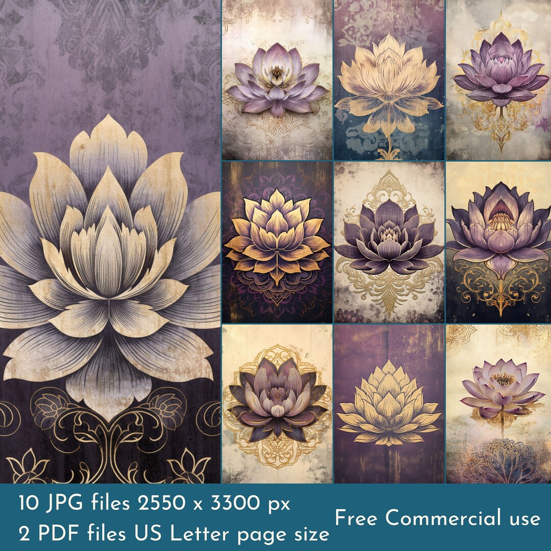 Purple and Gold Lotus Images. PDF File and Printable JPEG Files. 300dpi ...