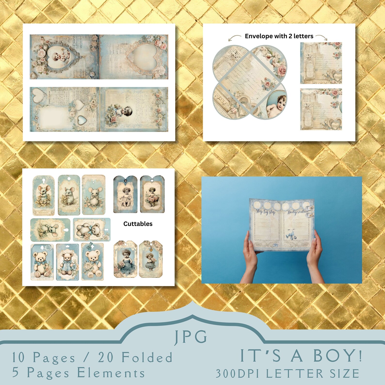 Baby Boy Junk Journal Kit: Vintage Ephemera, Scrapbook Pages (JPG Files ...