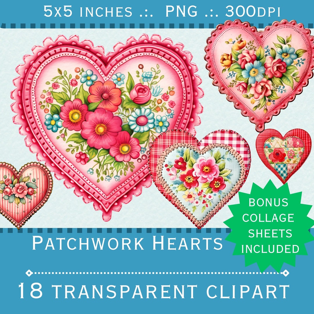 Patchwork Heart Clipart. Planner Stickers, Faux Embroidery Png. PNG ...