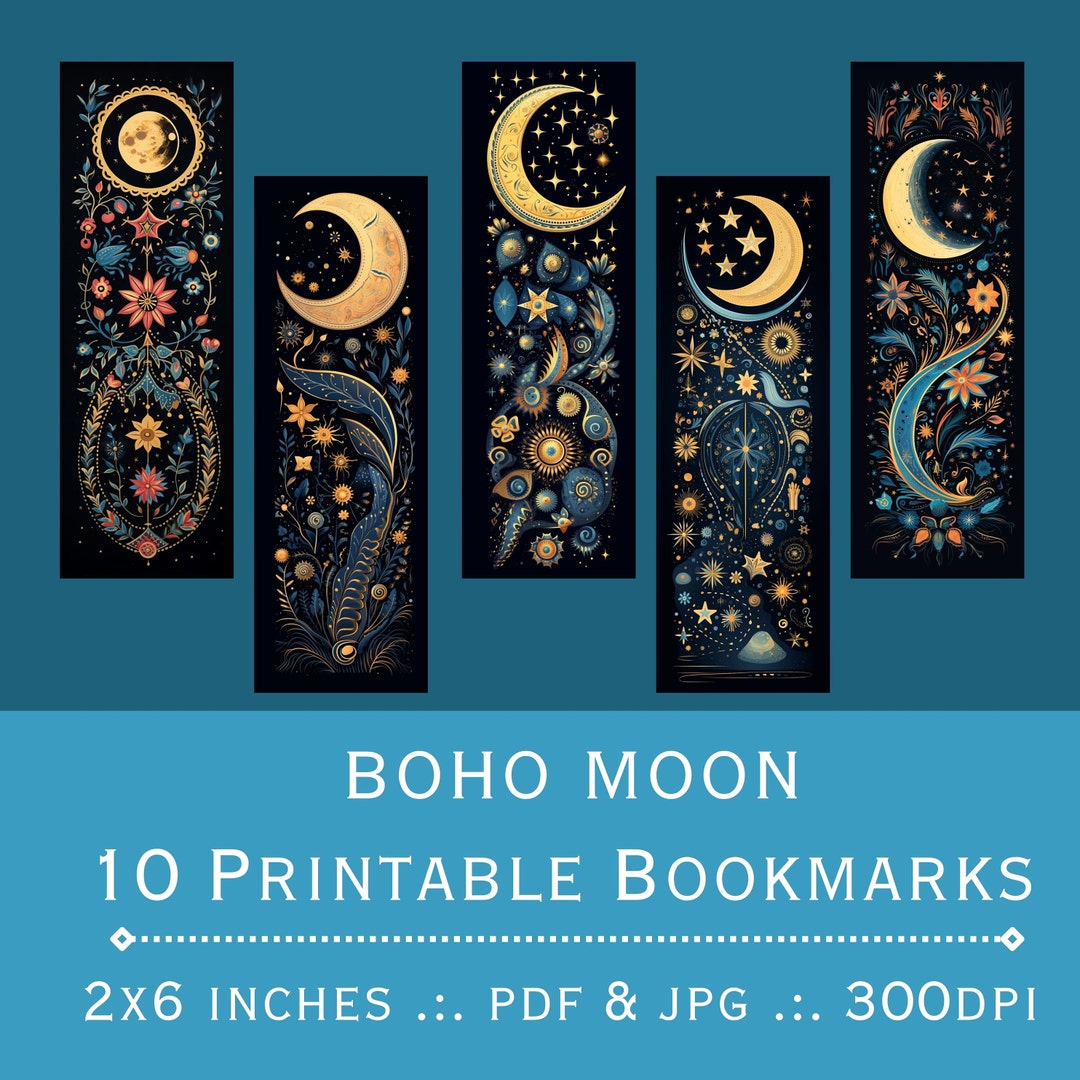 Boho Moon Printable Bookmarks. Printable PDF and JPEG Files. 300dpi ...