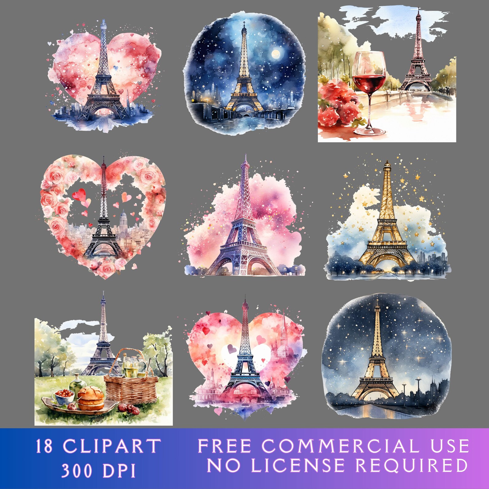 Eiffel Tower Clipart. Watercolor Paris Clipart Watercolor - Etsy