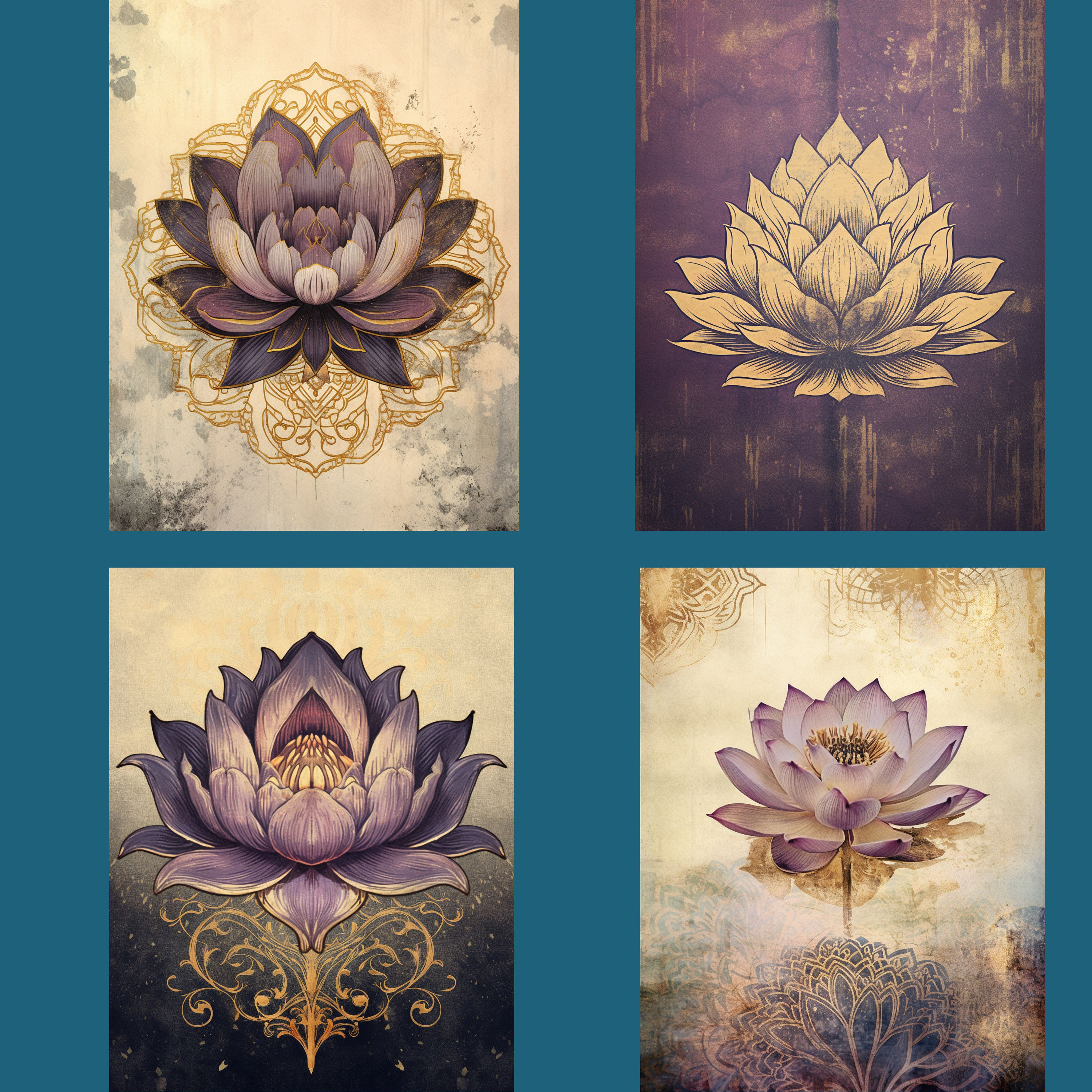 Purple and Gold Lotus Images. PDF File and Printable JPEG Files. 300dpi ...