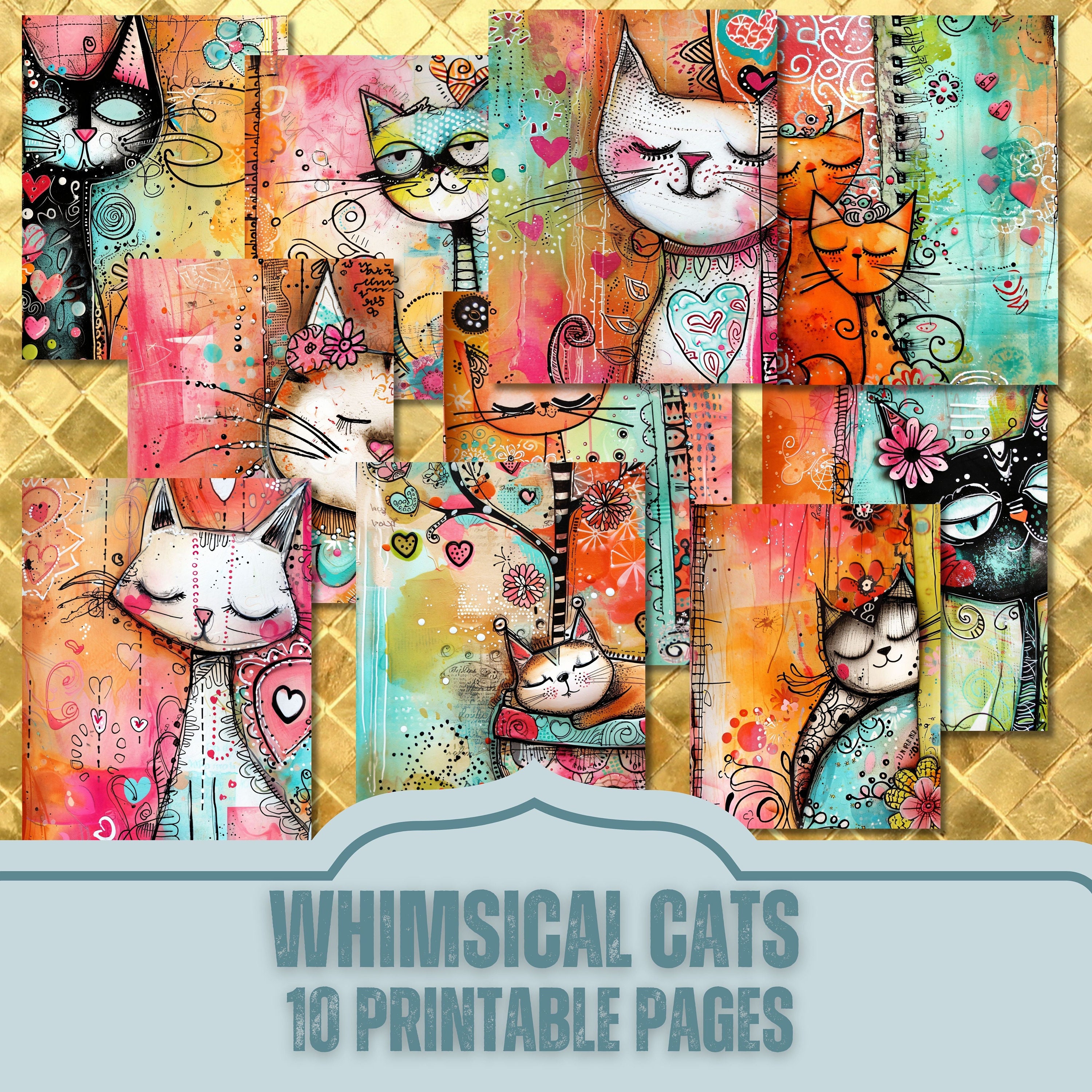 Whimsical Cats Colorful Background Images. PDF Files and Printable JPEG ...