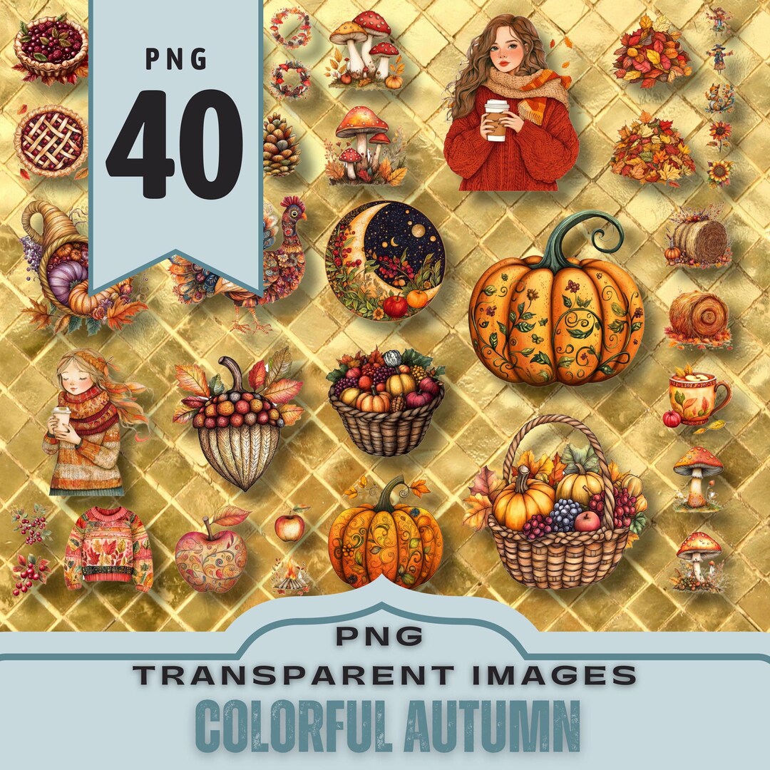 Colorful Autumn Clipart: Pumpkin, Mushroom PNG Graphics (40 Files) - Etsy