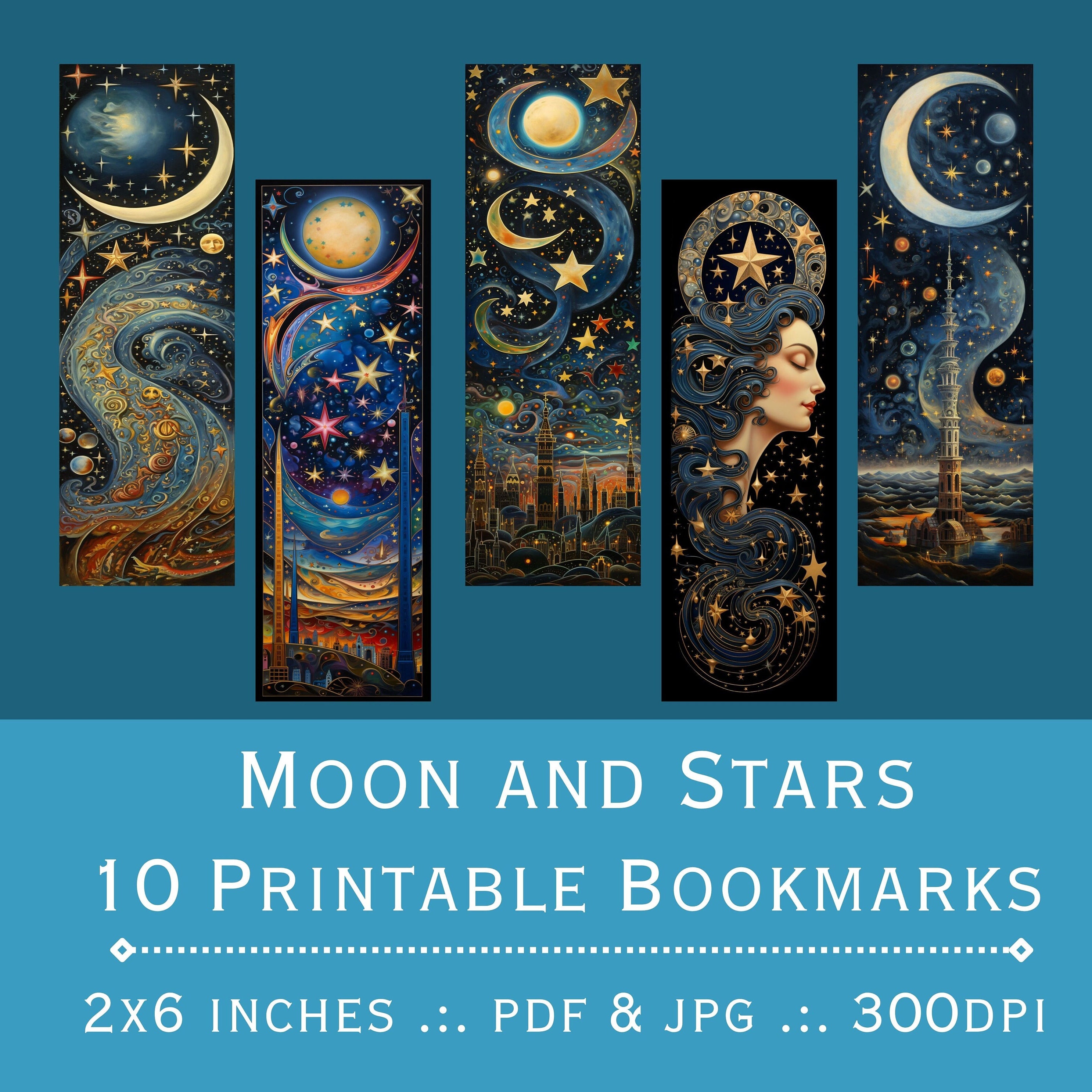 Celestial Moon and Stars Bookmarks: Printable Set (PDF & JPEG) - Etsy