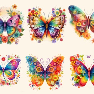 Butterfly Clip Art. Rainbow Flowers Digital Watercolor. Sublimation ...