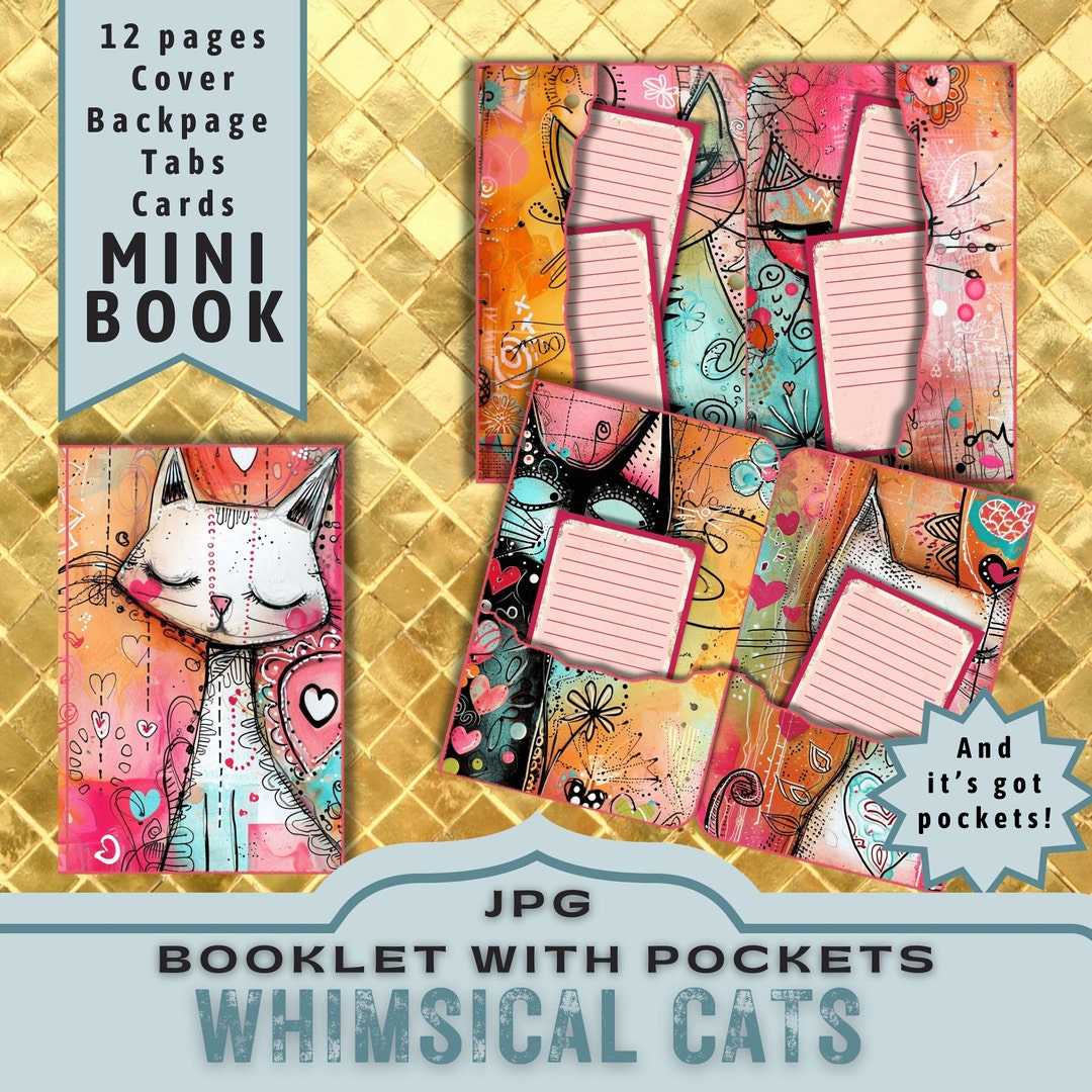 Whimsical Cats, Cute Cats Printable Booklet With Pockets, Print and Cut ...