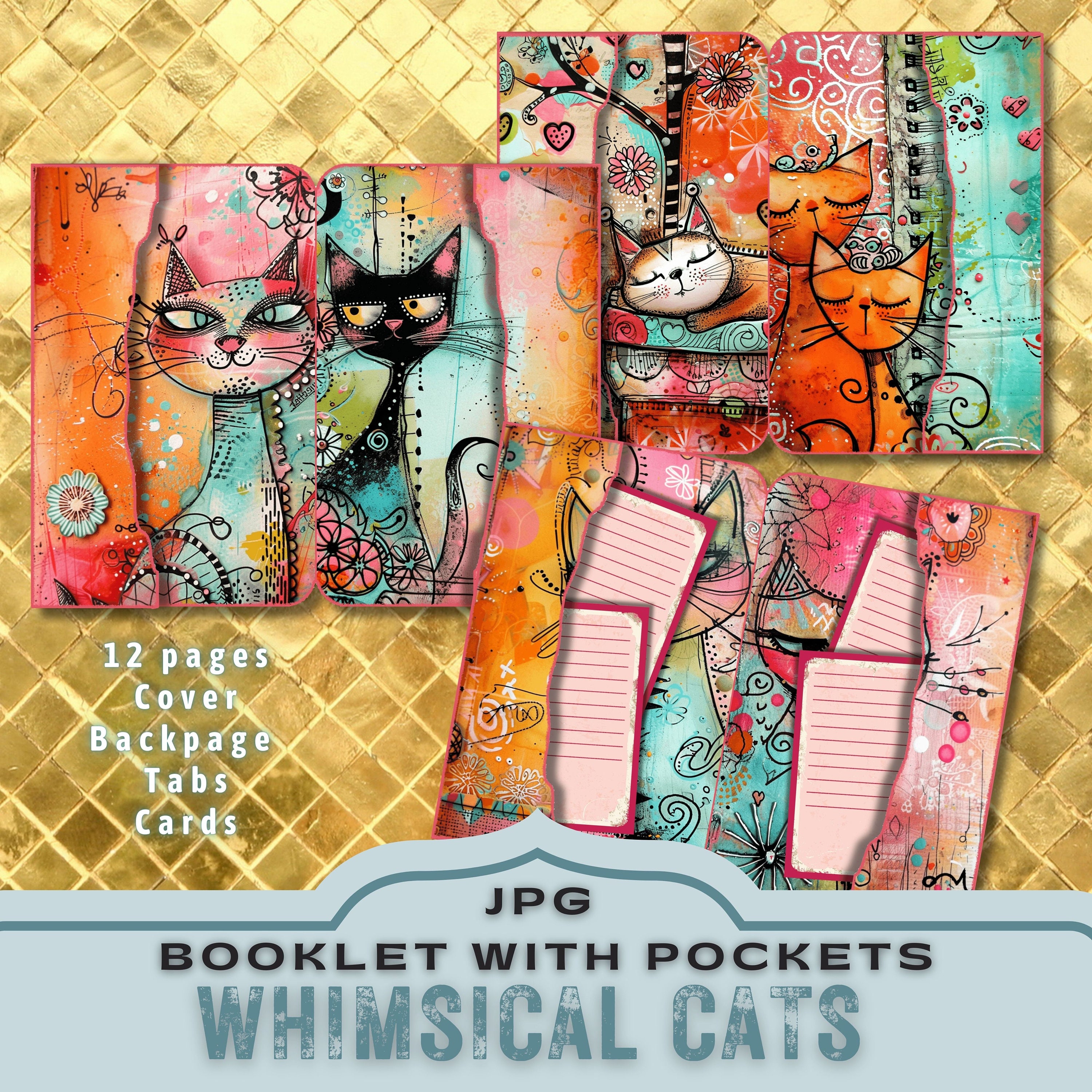 Whimsical Cats, Cute Cats Printable Booklet With Pockets, Print and Cut ...