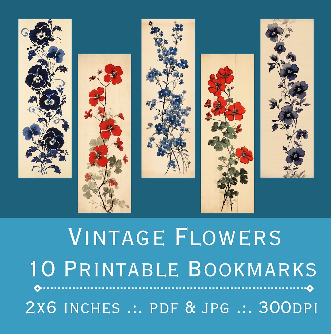 Printable Bookmarks - Vintage Flowers. Printable PDF and JPEG Files ...