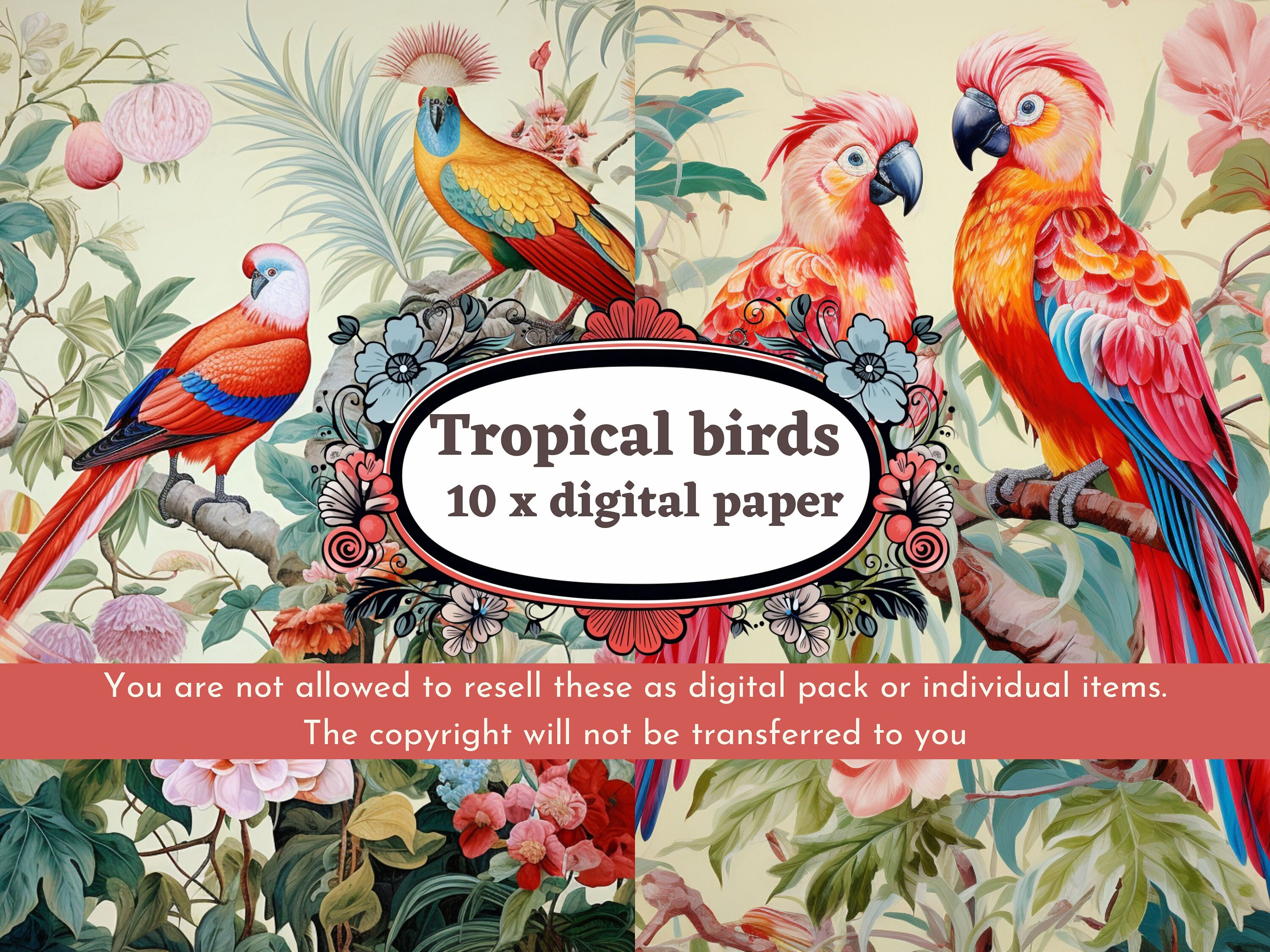 Vintage Tropical Birds Digital Paper: Colorful PNG Scrapbook Paper ...