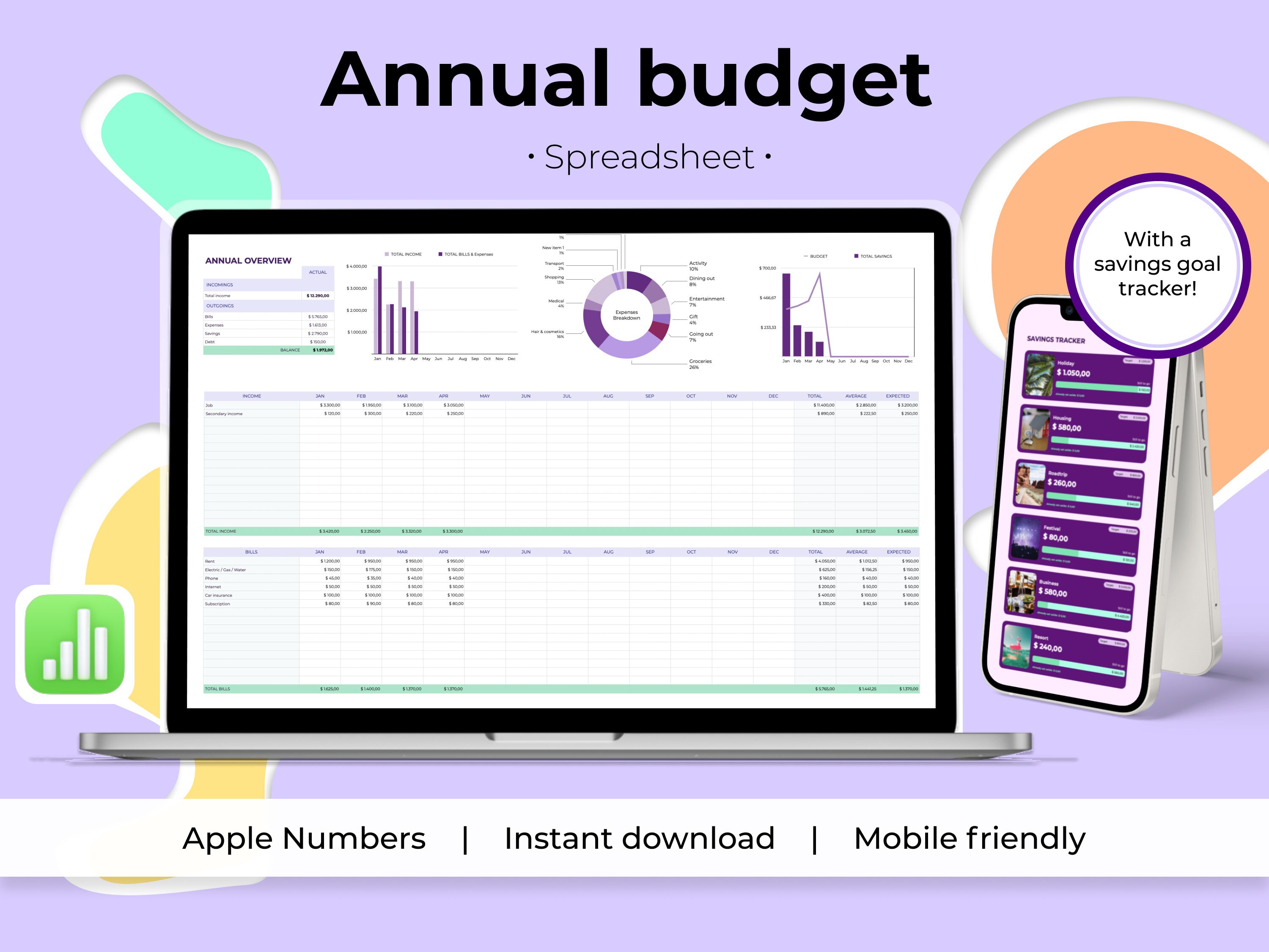 Annual Budget Spreadsheet Template Mac Numbers Simple - Etsy