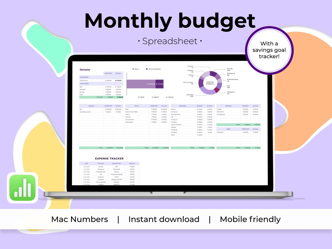 Monthly Budget Spreadsheet Template Mac Numbers Simple - Etsy