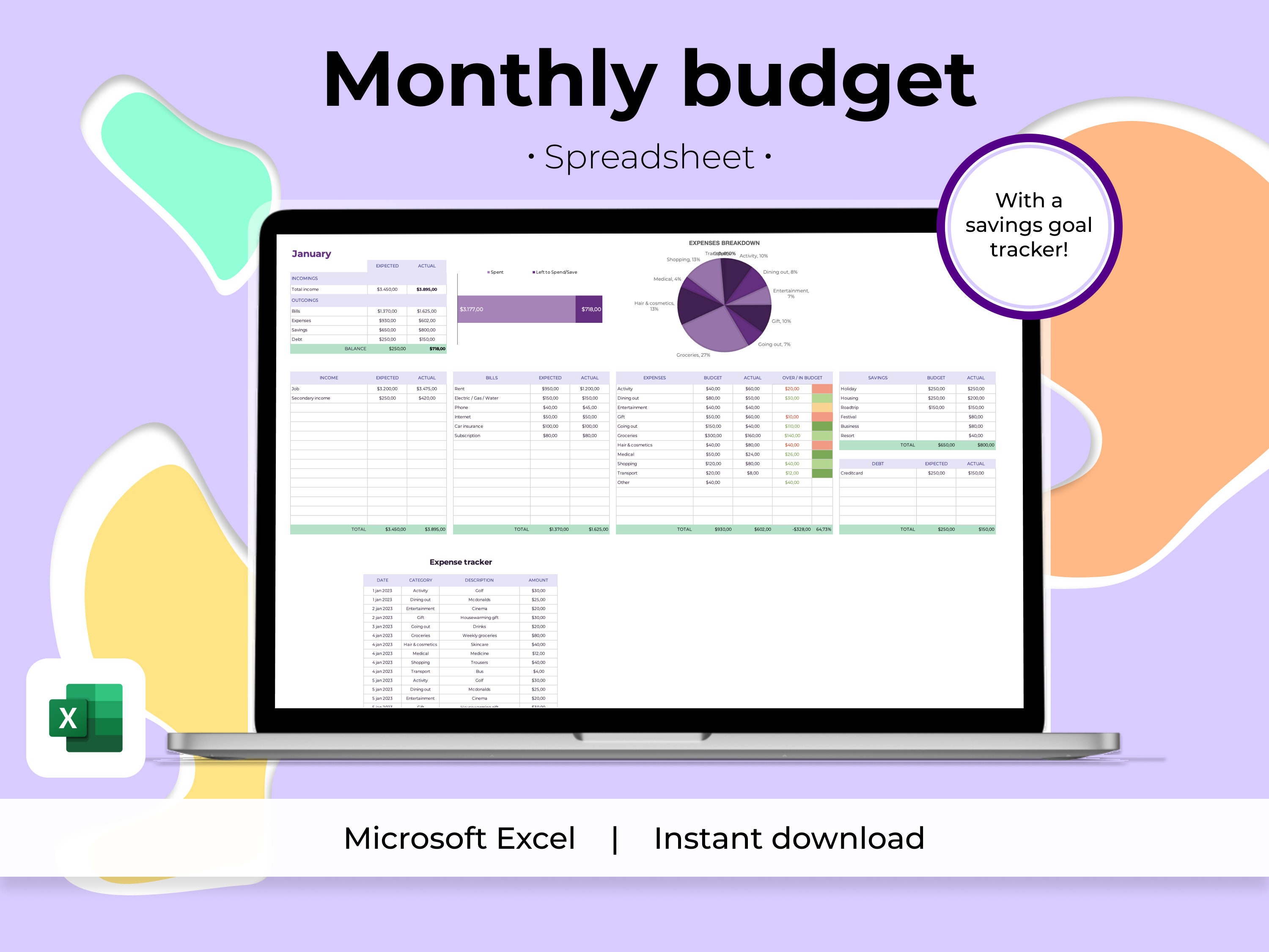 Monthly Budget Spreadsheet Template Microsoft Excel Simple - Etsy