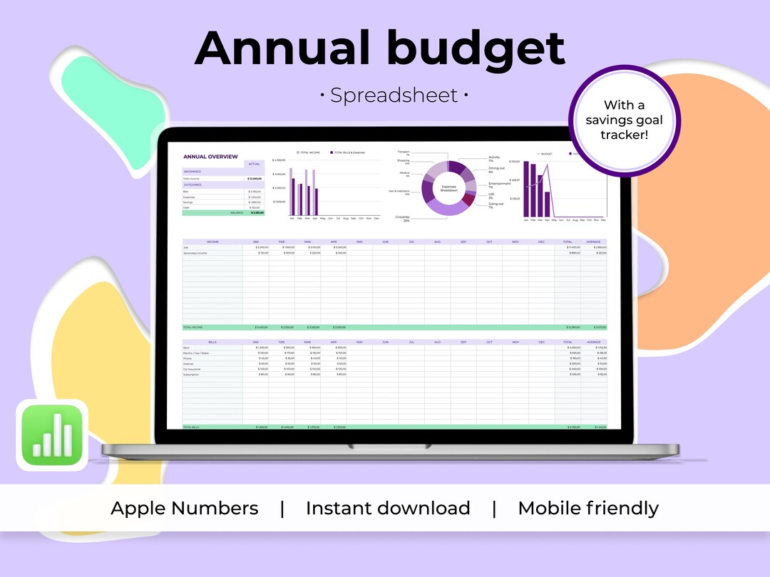 Annual Budget Spreadsheet Template Mac Numbers Simple - Etsy