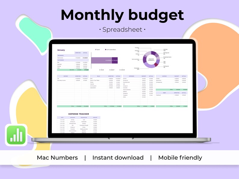 Monthly Budget Spreadsheet Template Mac Numbers Simple - Etsy