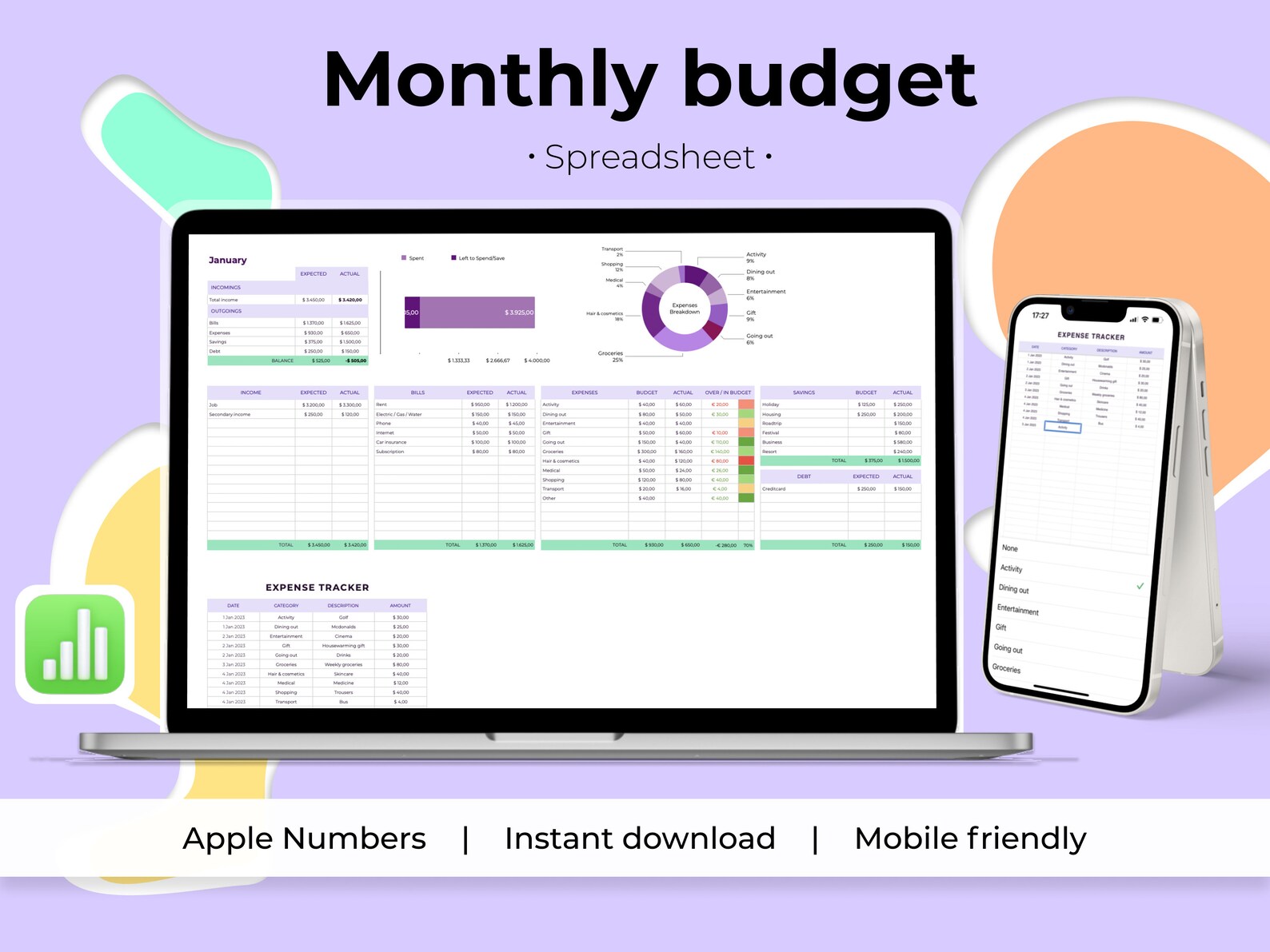 Monthly Budget Spreadsheet Template | Mac Numbers | Simple Budget ...
