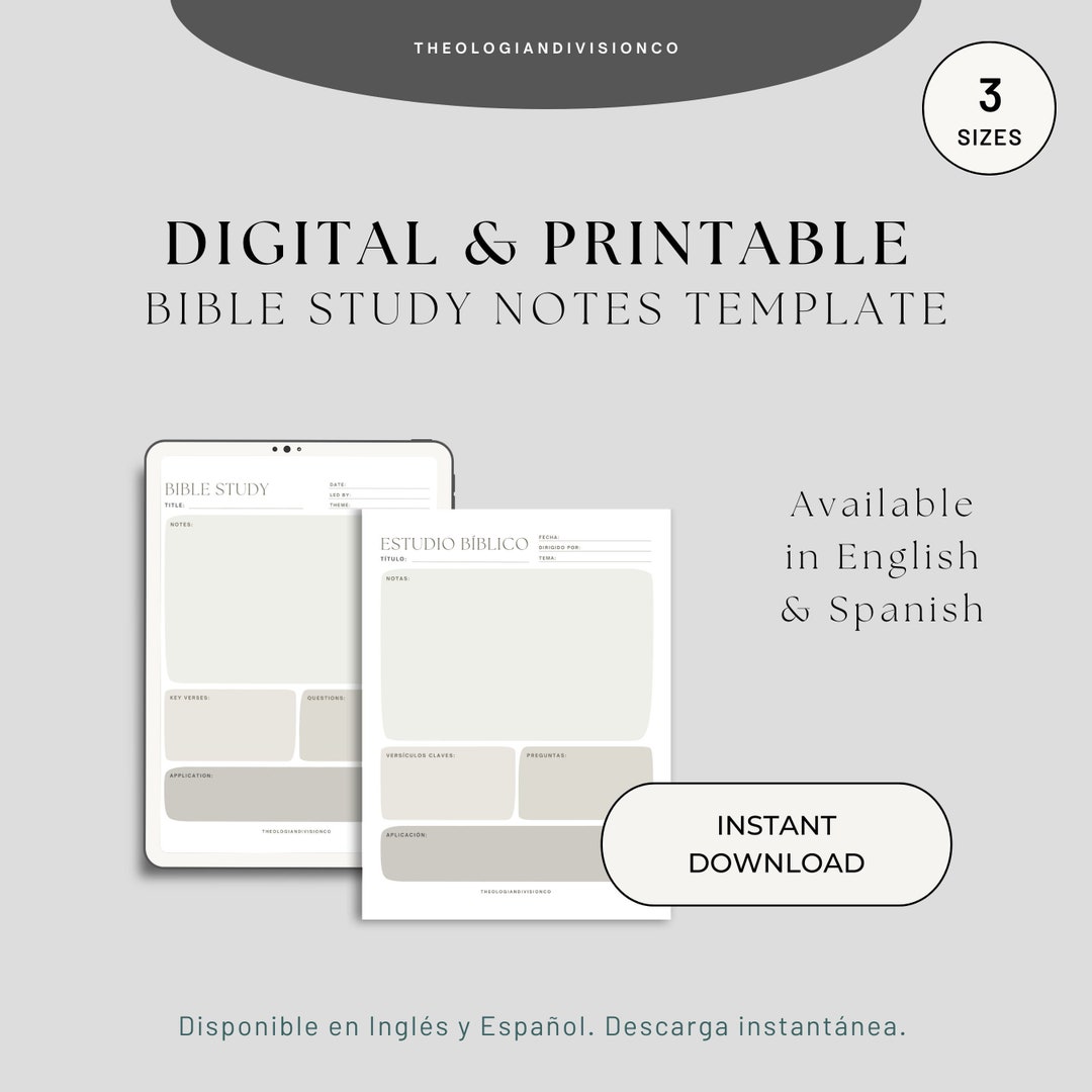 Simple Digital Bible Study Notes Template (english & Spanish), 3 Sizes ...