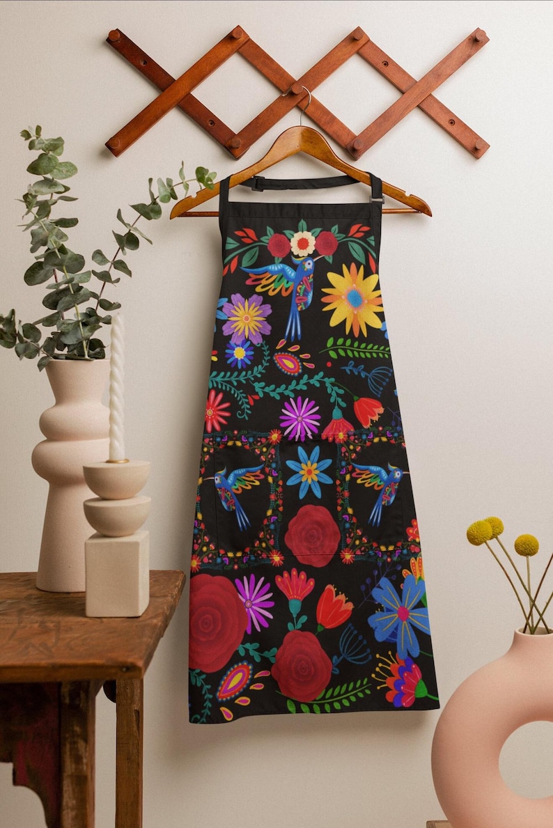 Adjustable Apron, Mexican Textile Inspired, Bright Black Roses and ...