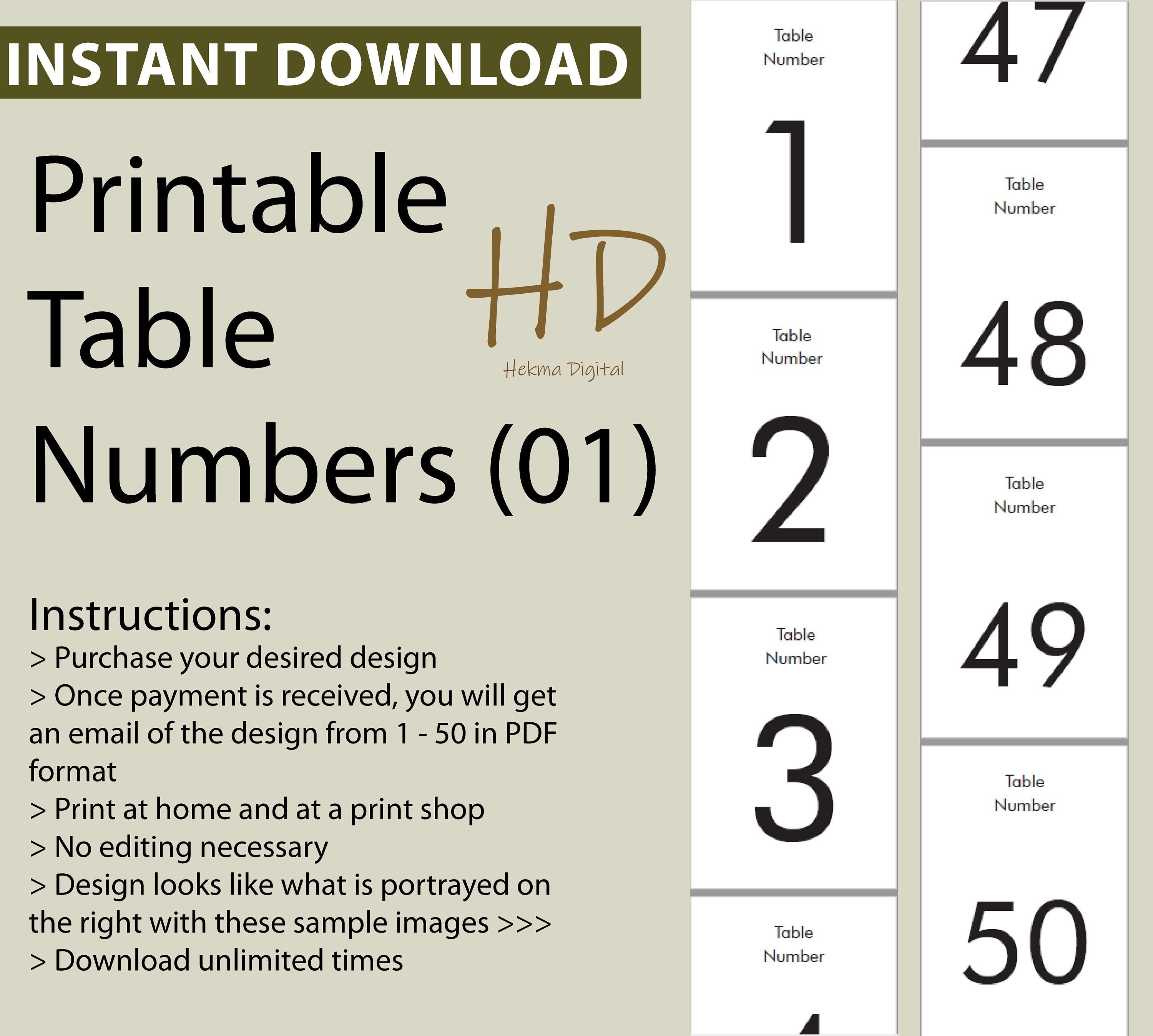 Basic Printable Table Number Design 1-50 for Weddings and Functions ...