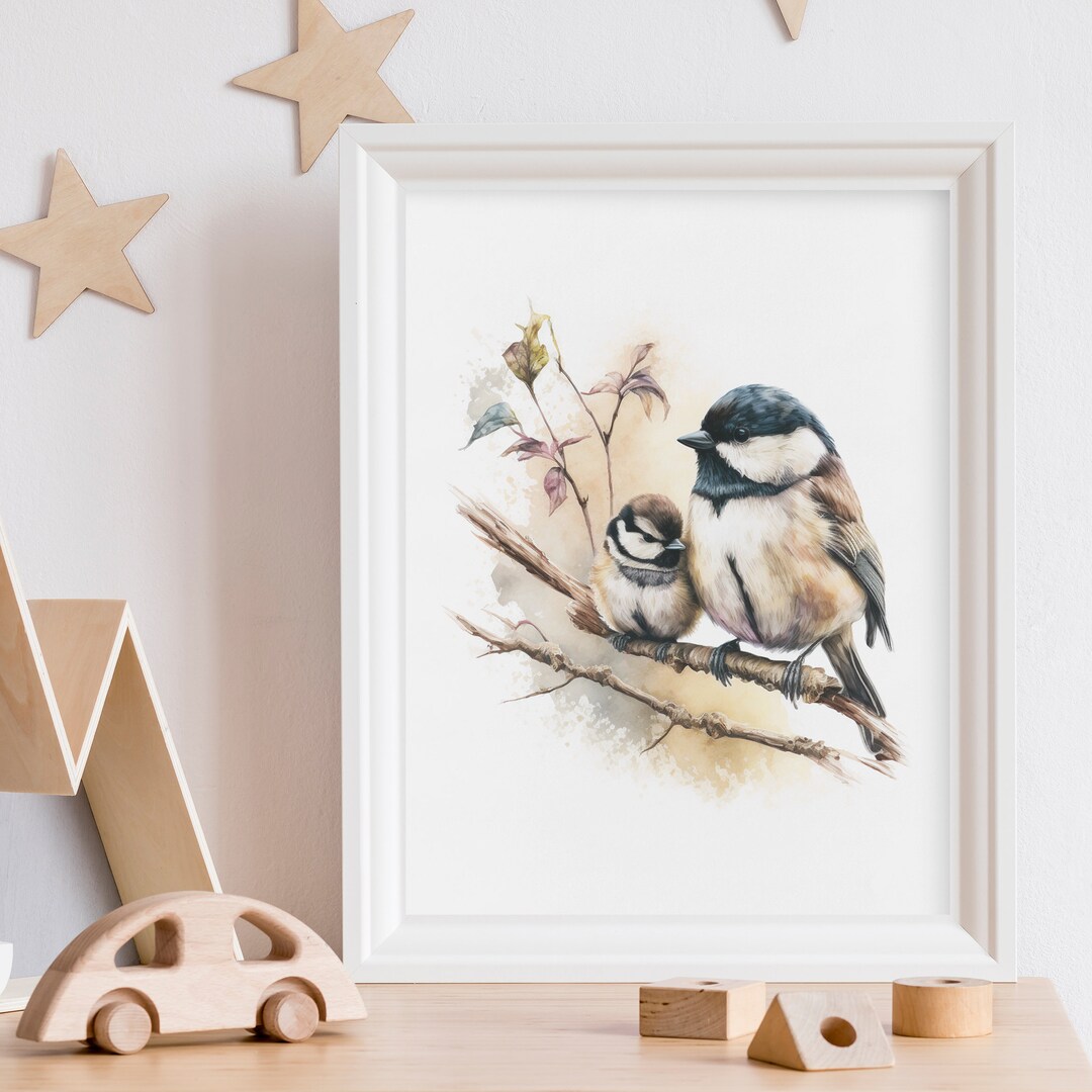 Baby Chickadee With Mother Chickadee Wall Art Print - Animal Nursery ...