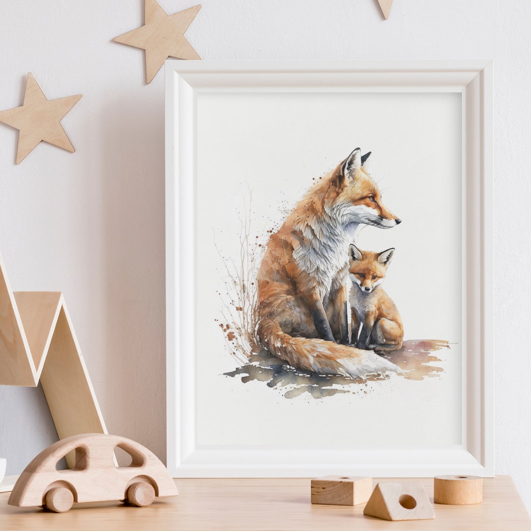 Baby Fox With Mother Fox Wall Art Print - Animal Nursery Decor ...