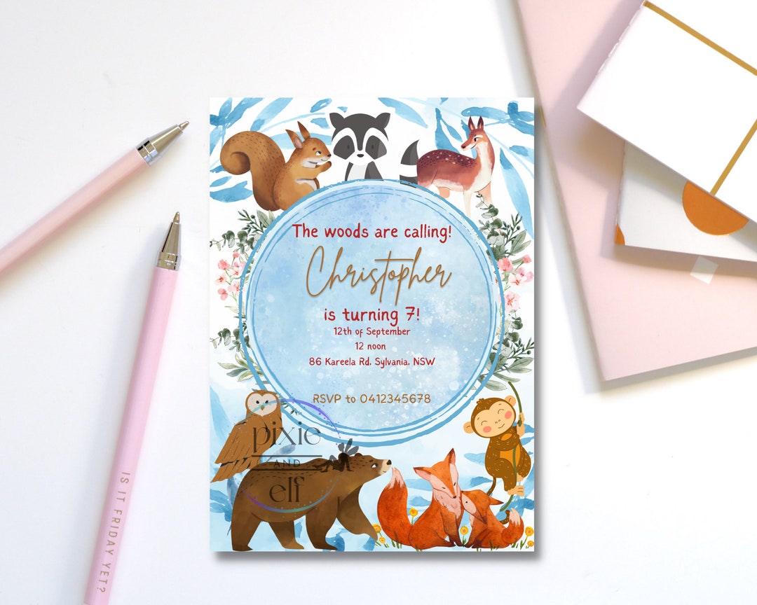 Woodland Theme Birthday Invitation, Editable Template Forest Animals - Etsy