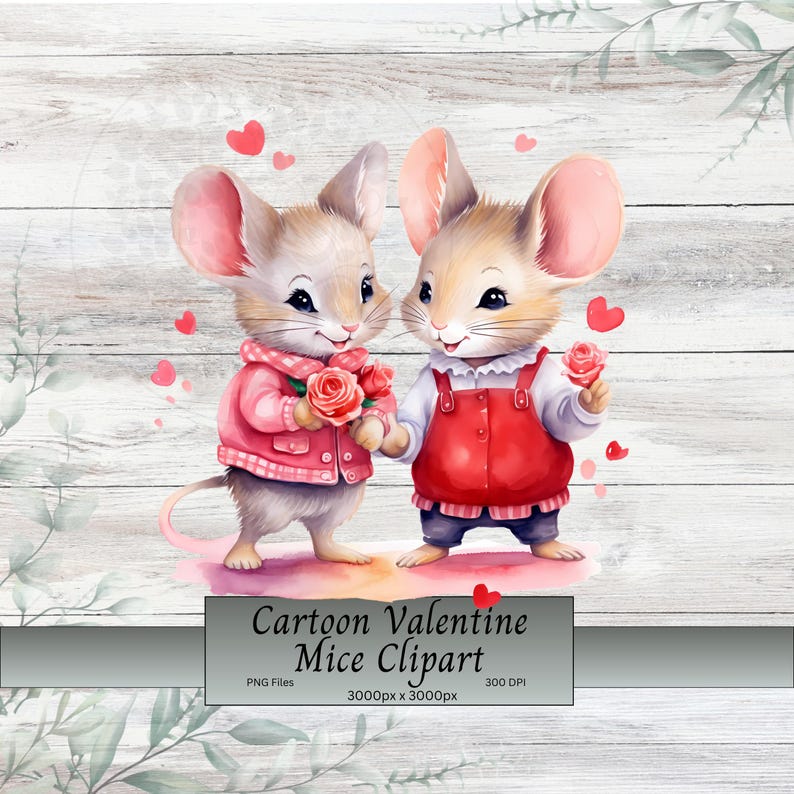 Cute Mice Valentine Clipart Hearts PNG Sublimation Scrapbooking Digital ...