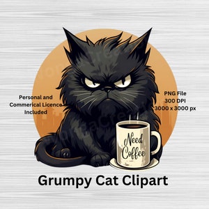 Grumpy Cat - Clipart - Cat Clipart - Coffee - Watercolour Clipart - PNG ...