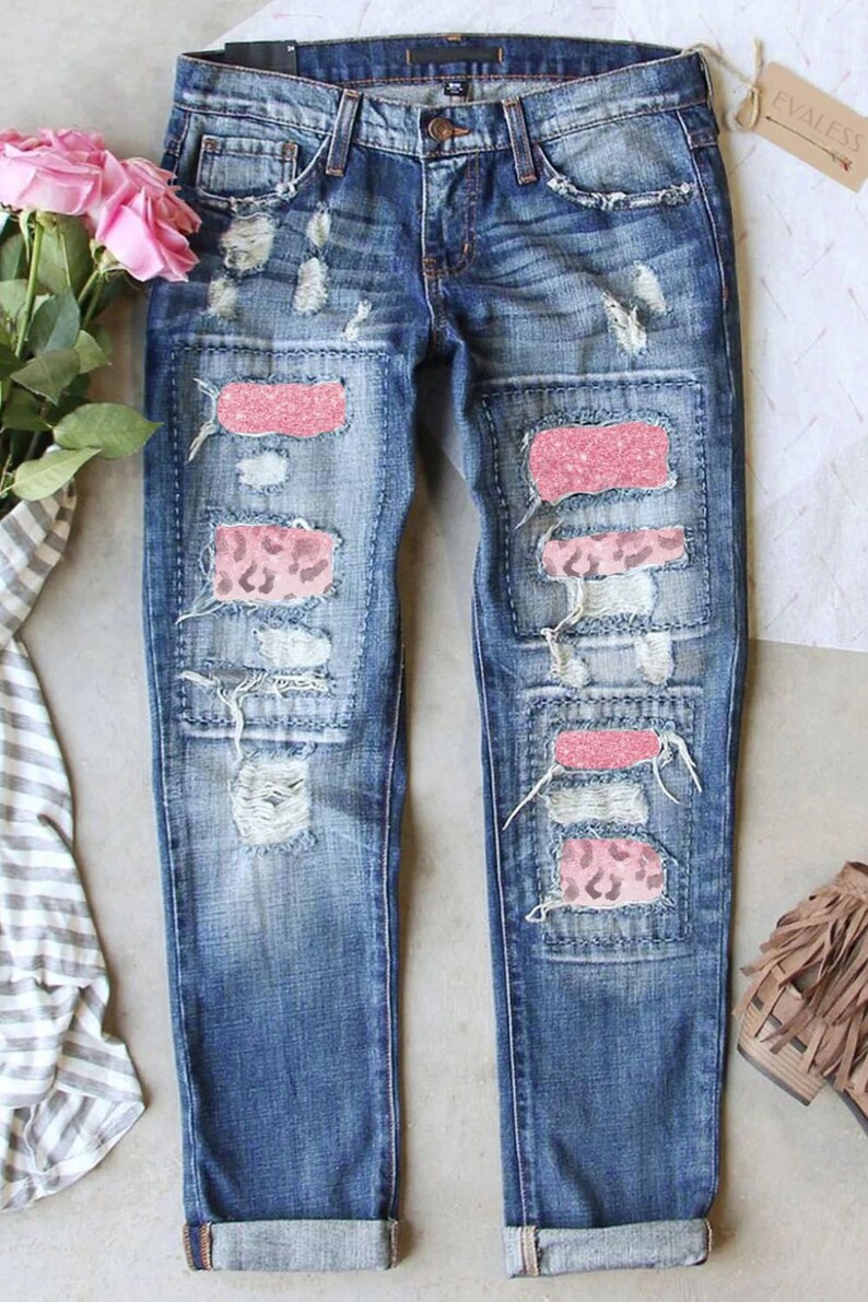 Leopard Patch Distressed Straight Leg Jeans Cute Jeans - Etsy