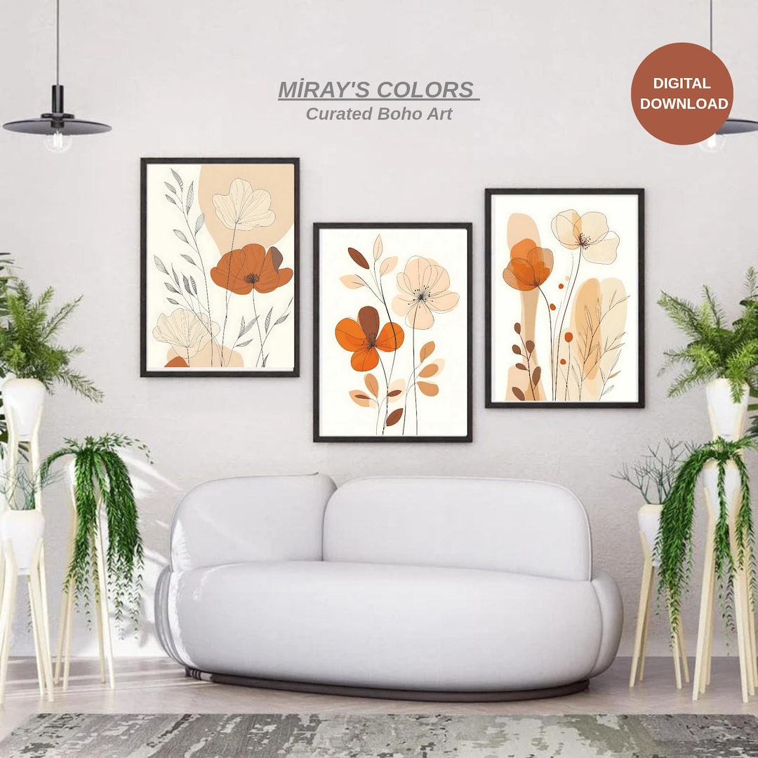 Boho Burnt Orange Floral Line Art Trio: Minimalist Botanical Prints ...