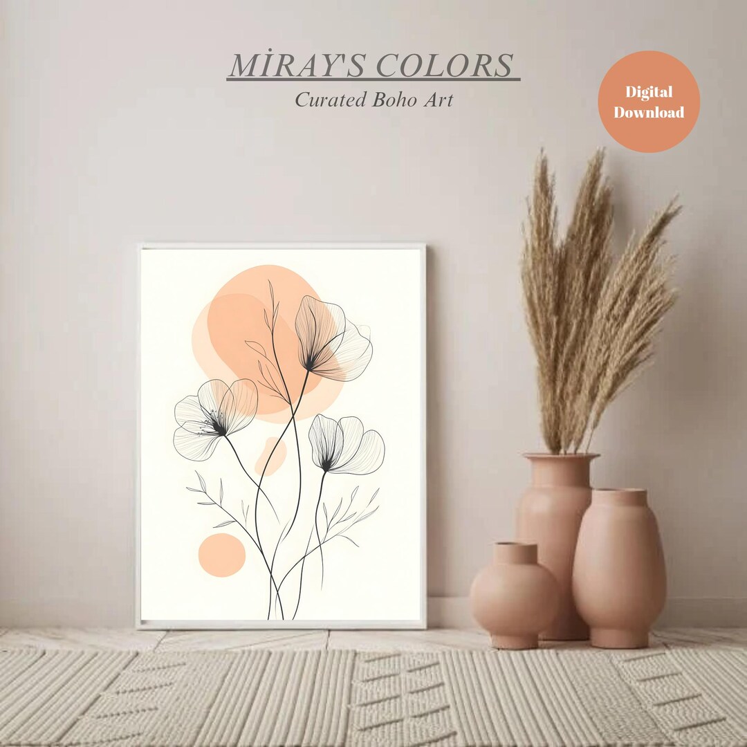 Burnt Orange Floral Line Art Print, Boho Botanical Poster (digital ...