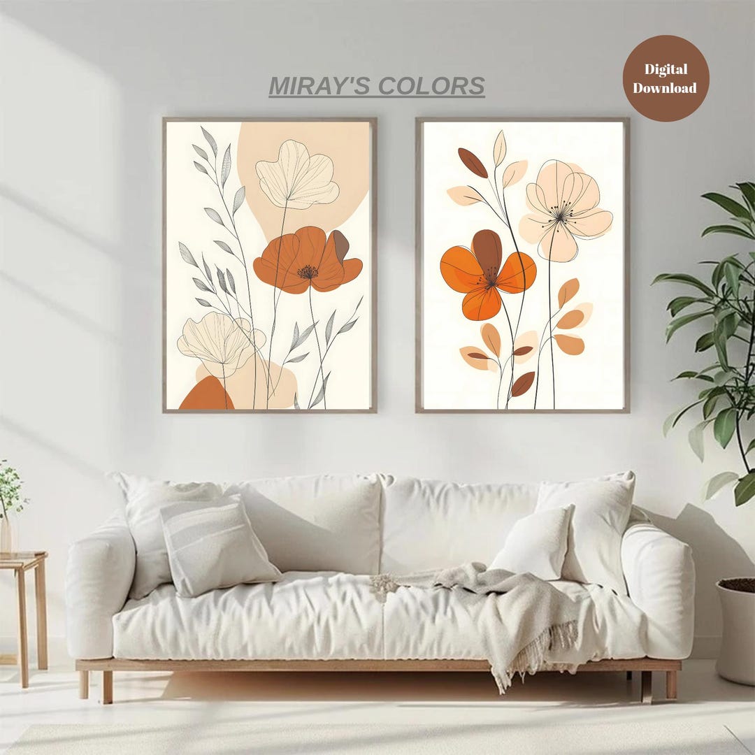 Boho Floral Line Art Prints: Burnt Orange Wildflowers (set of 2 ...