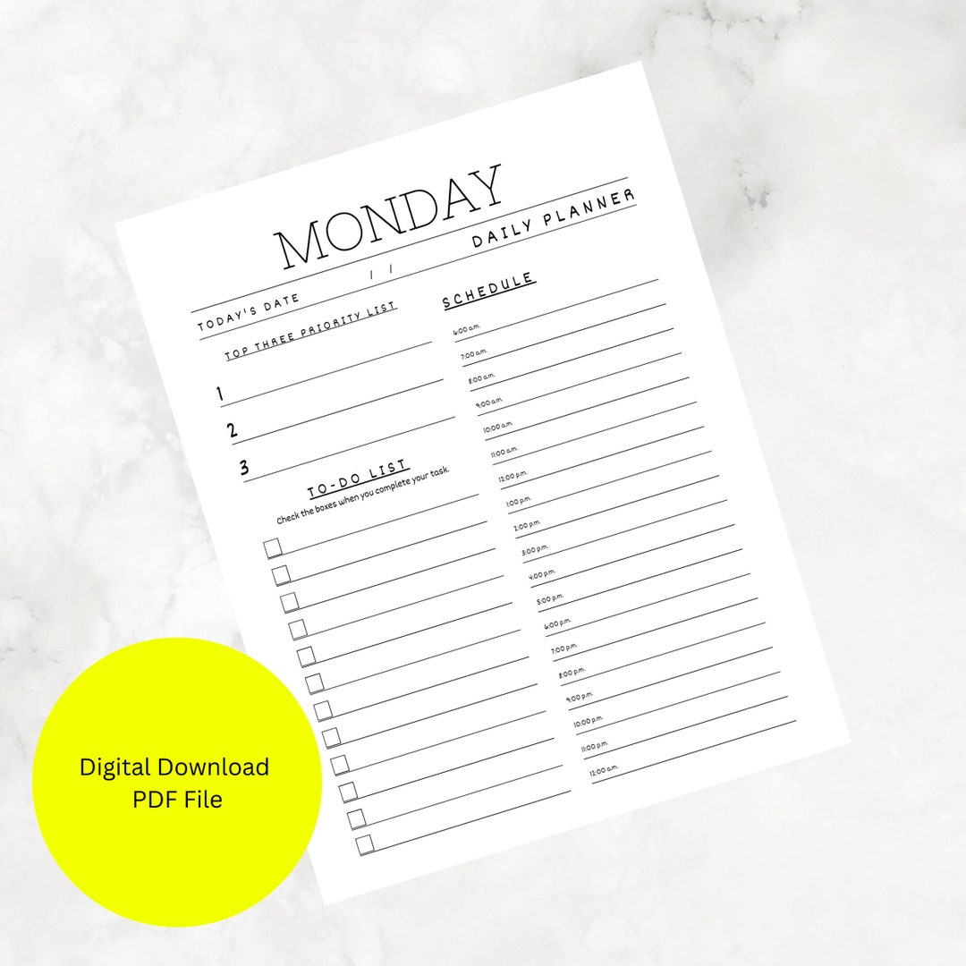 Monday Through Friday Printable Daily Planner - Digital Download - Etsy