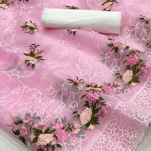 Heavy Pure Orgenza Saree Beautiful Flower Work Zal and Lucknawi ...