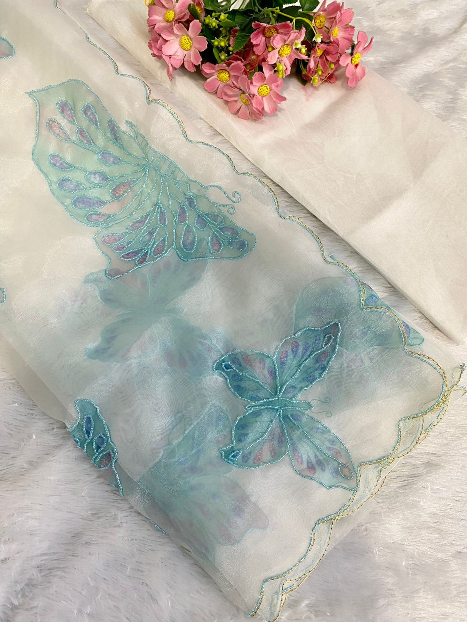 Butterfly Hand Print Saree With Pearl Handwork All Over Saree and Peral ...