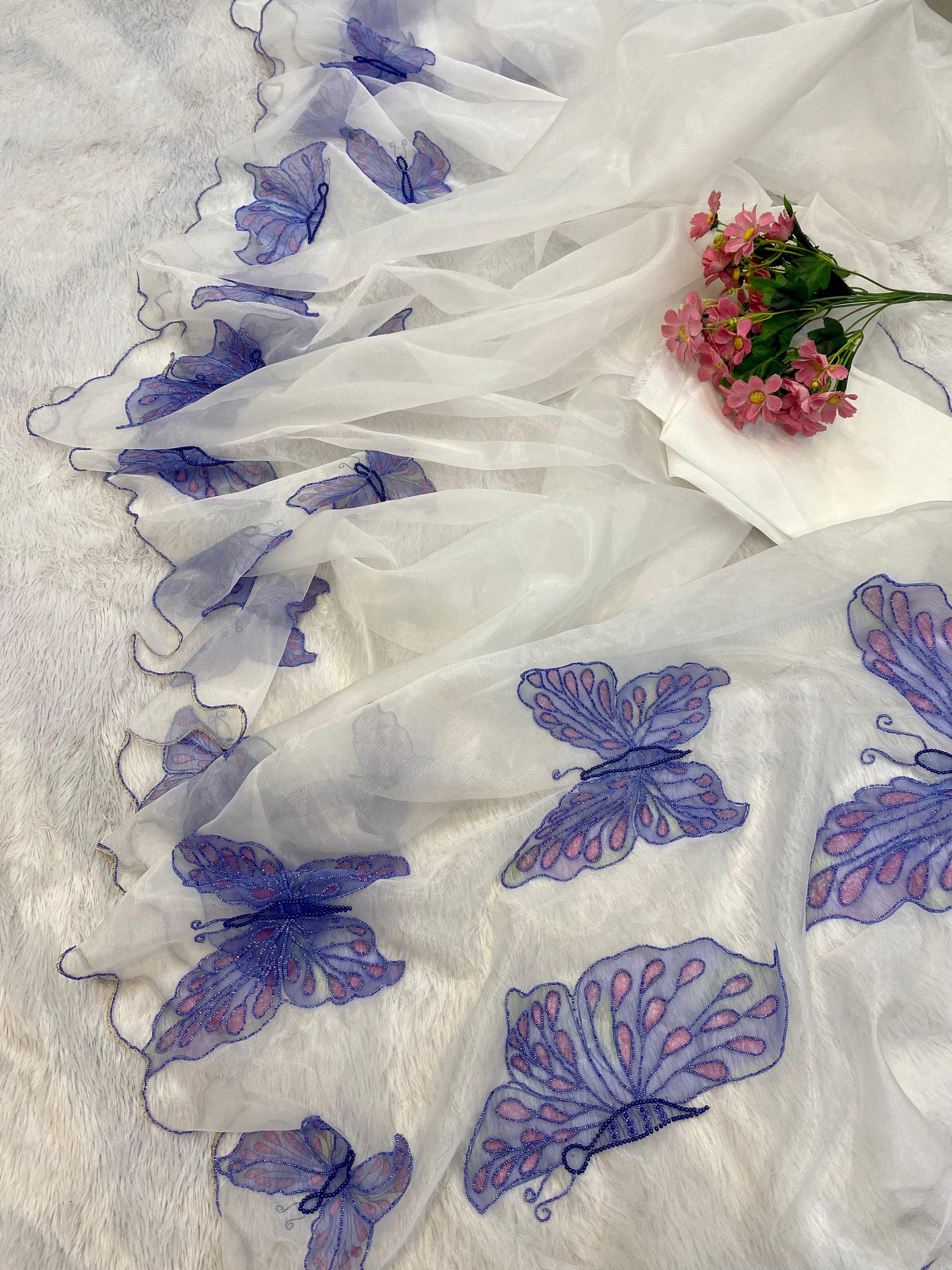 Pure Organza Butterfly Handprint Saree With Pearl Handwork in All Over ...
