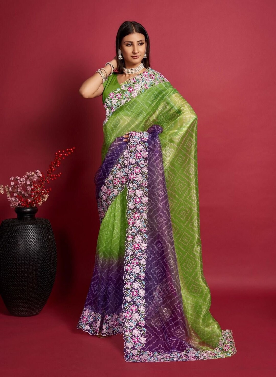 Pure Organza Saree With Bandhani Print & Padding Two Tone Print With ...
