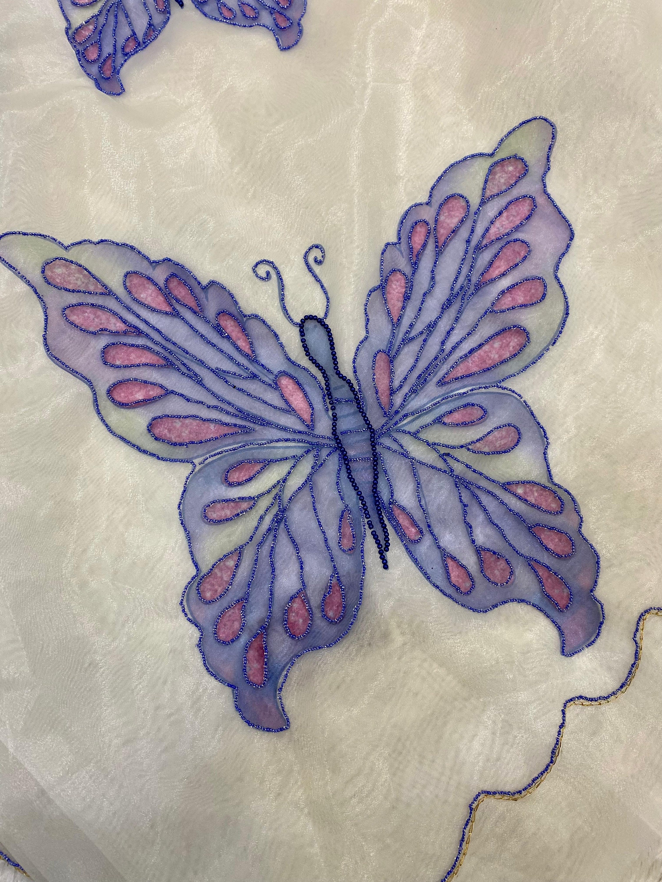 Pure Organza Butterfly Handprint Saree With Pearl Handwork in All Over ...