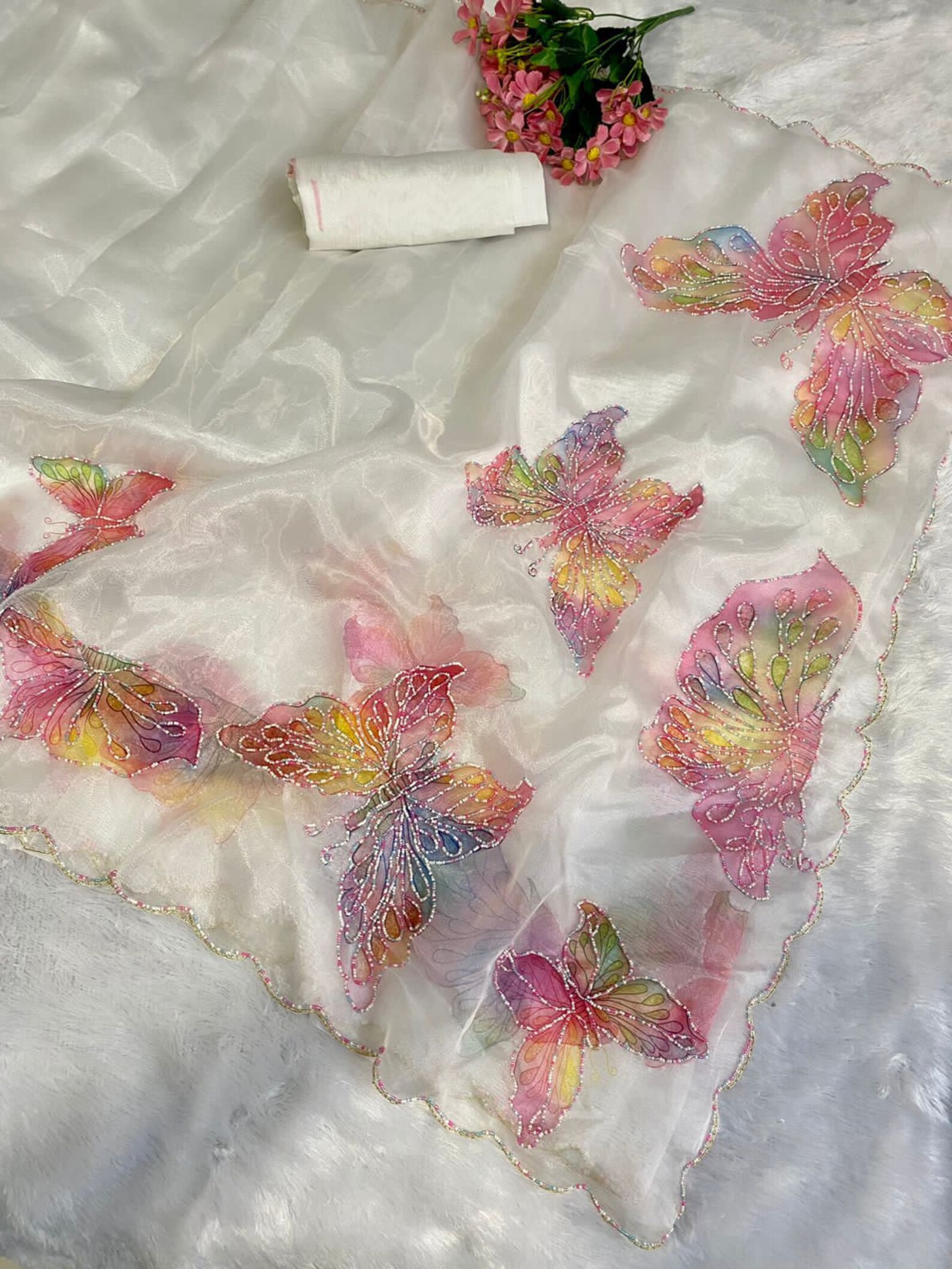 Butterfly Hand Print Saree With Pearl Handwork All Over Saree and Peral ...