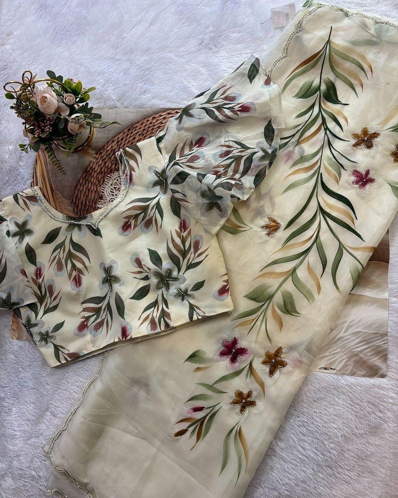 Soft Organza Floral Handprint Saree With Pearl and Cut Dana Work - Etsy
