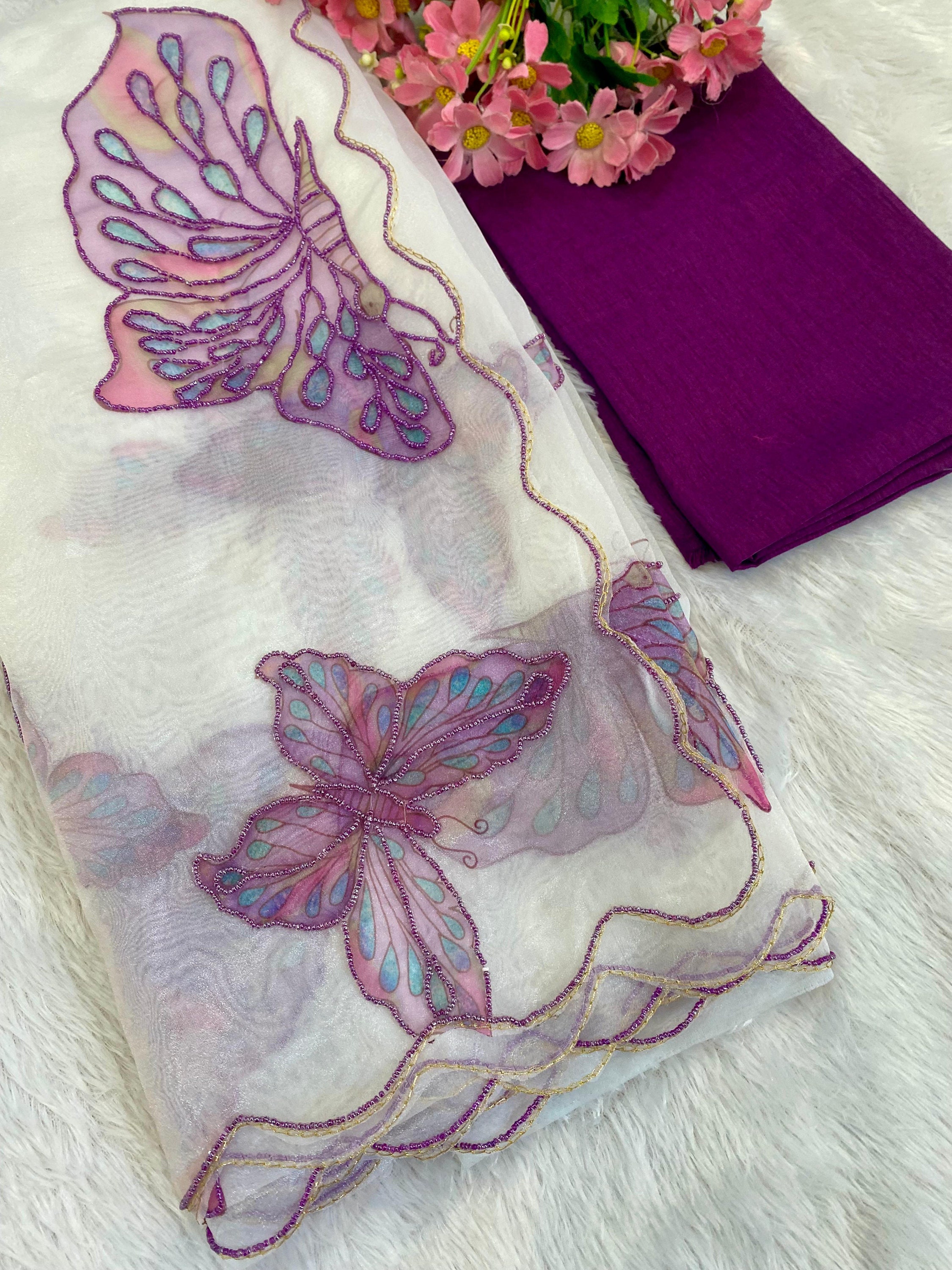 Pure Organza Butterfly Handprint Saree With Pearl Handwork in All Over ...