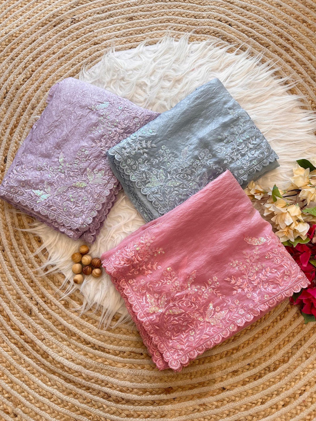 Onam Special Embroidered Crushed Tissue Silk Saree With Lucknowi Thread ...