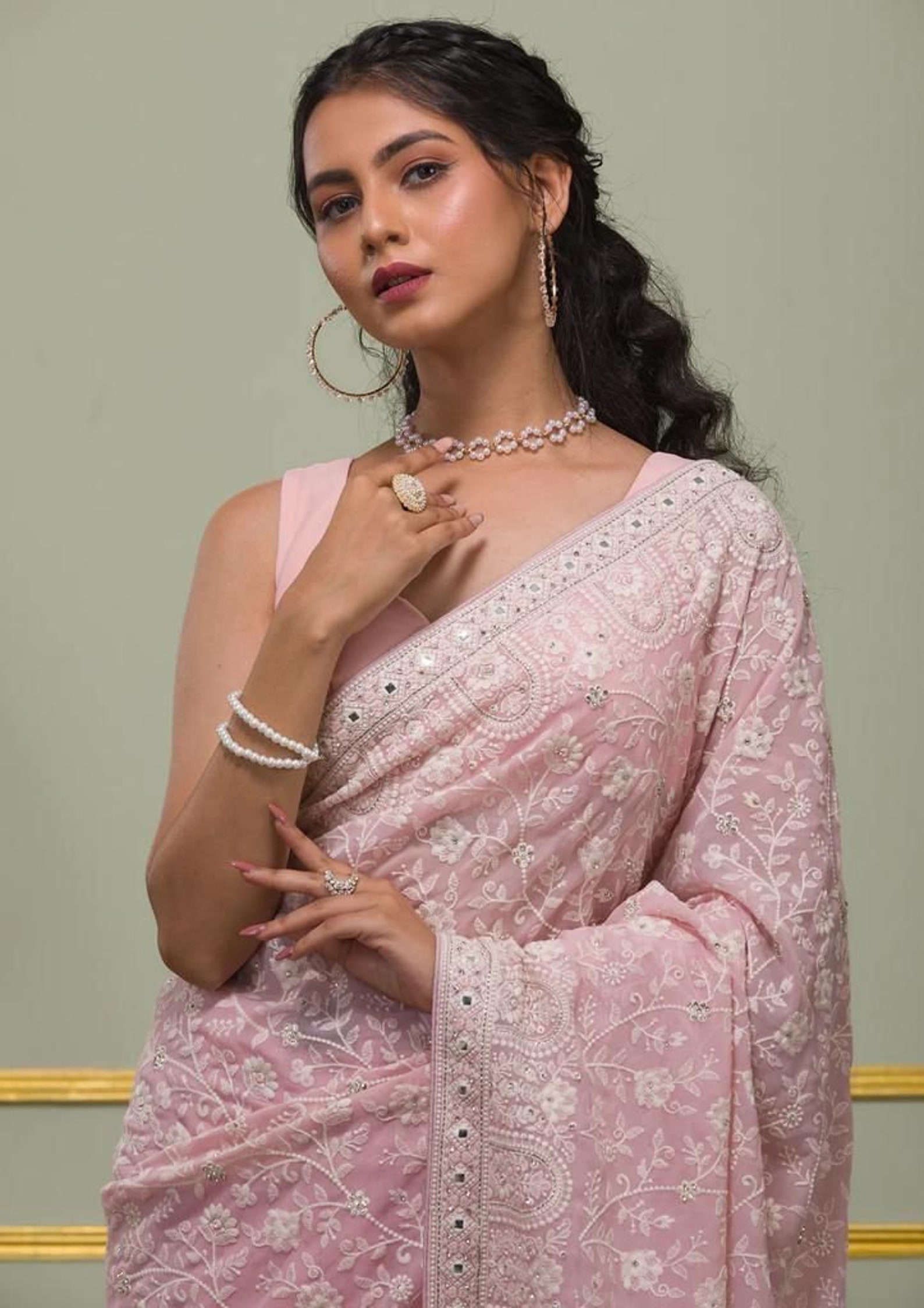 Faux Georgette Light Pink Saree With White Thread & Sequence Full Heavy ...