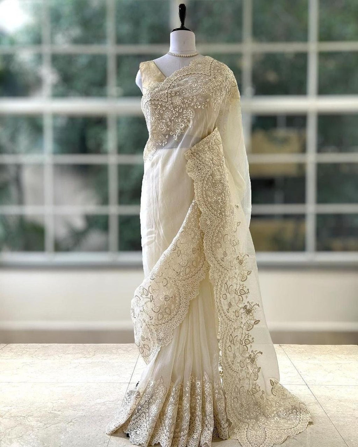 Off White Color Soft Organza Saree With Blouse Piece, Bollywood Indian ...