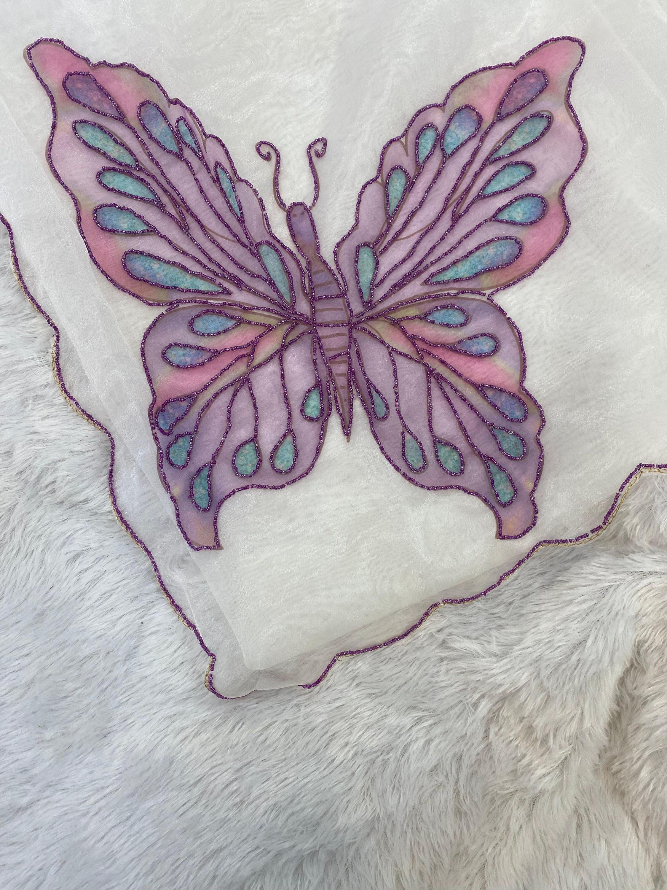 Pure Organza Butterfly Handprint Saree With Pearl Handwork in All Over ...