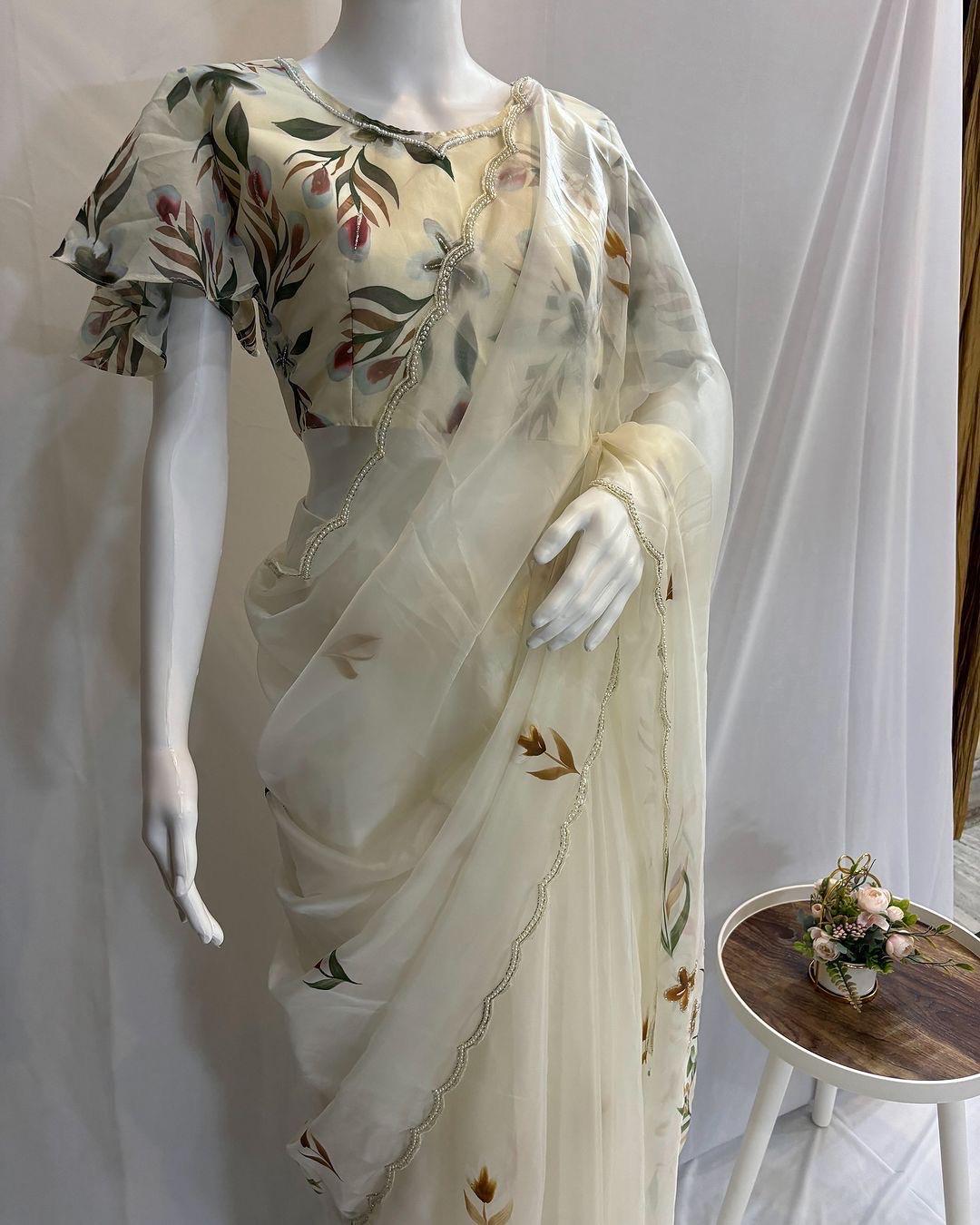 Soft Organza Floral Handprint Saree With Pearl and Cut Dana Work - Etsy