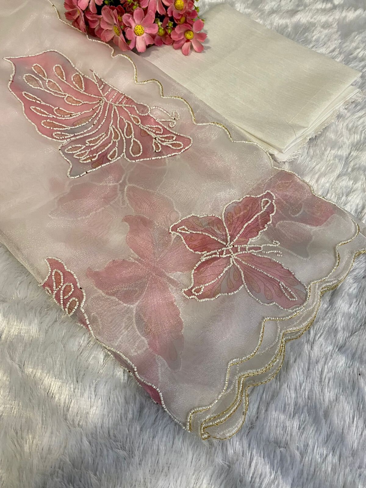 Butterfly Hand Print Saree With Pearl Handwork All Over Saree and Peral ...