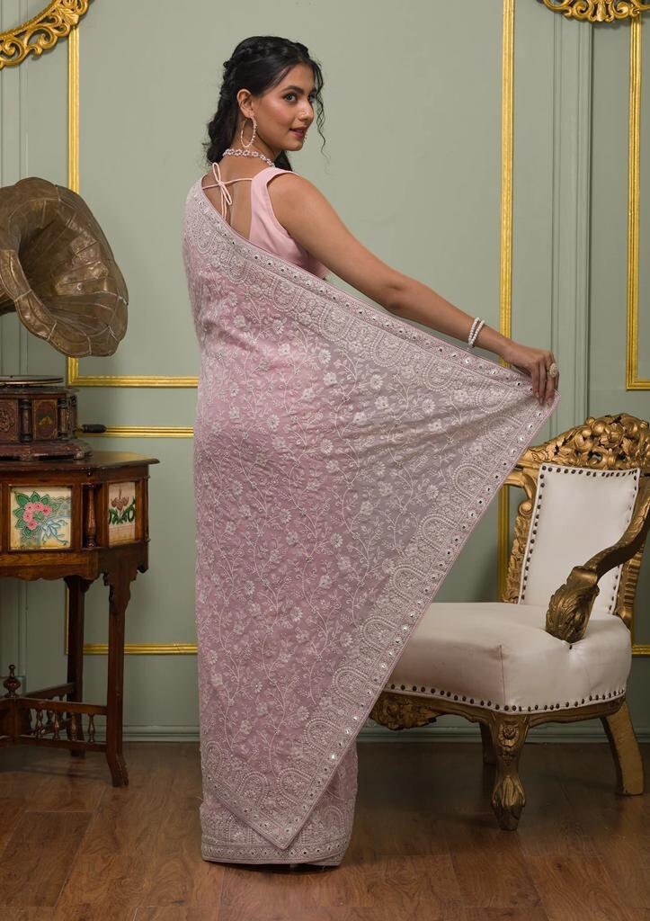 Faux Georgette Light Pink Saree With White Thread & Sequence Full Heavy ...