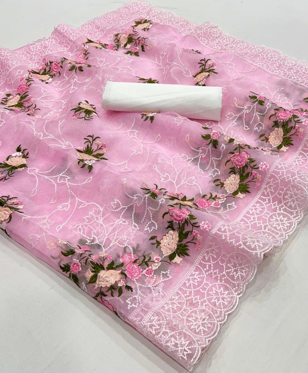 Heavy Pure Orgenza Saree Beautiful Flower Work Zal and Lucknawi ...