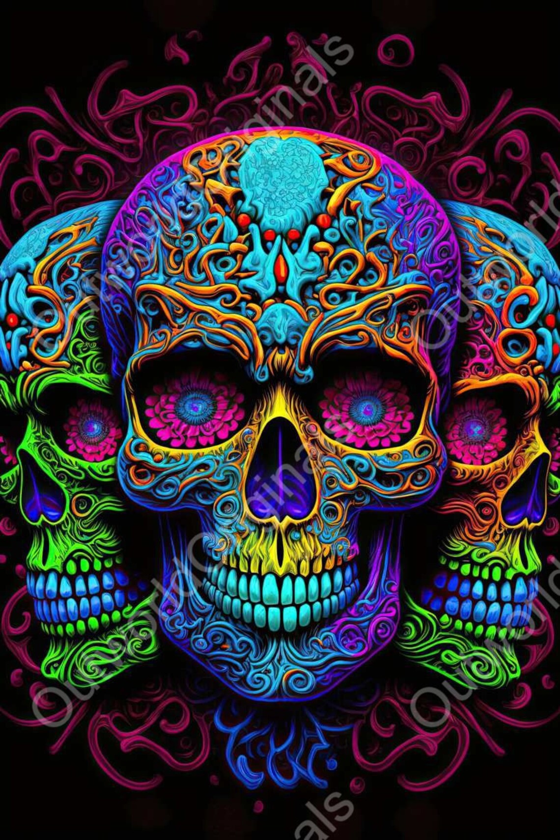 BLACKLIGHT SKULL Digital Vibrant Color Design Blacklight UV Reactive ...